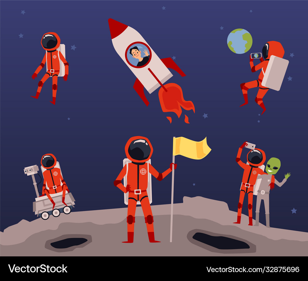Cartoon astronaut set in space background - people