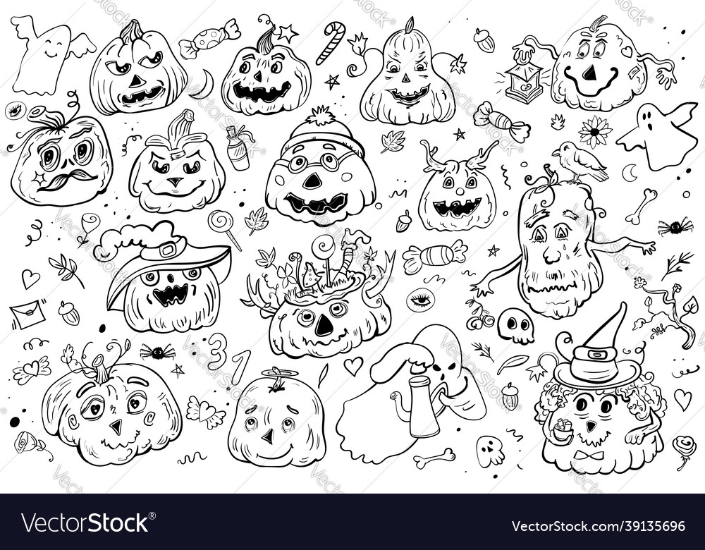 Pumpkins and ghosts doodle large set halloween Vector Image