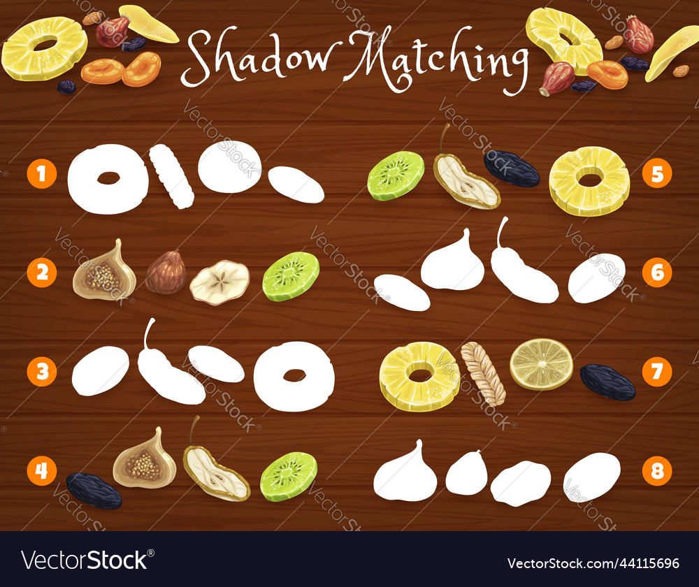 Shadow matching game worksheet with dried fruits Vector Image