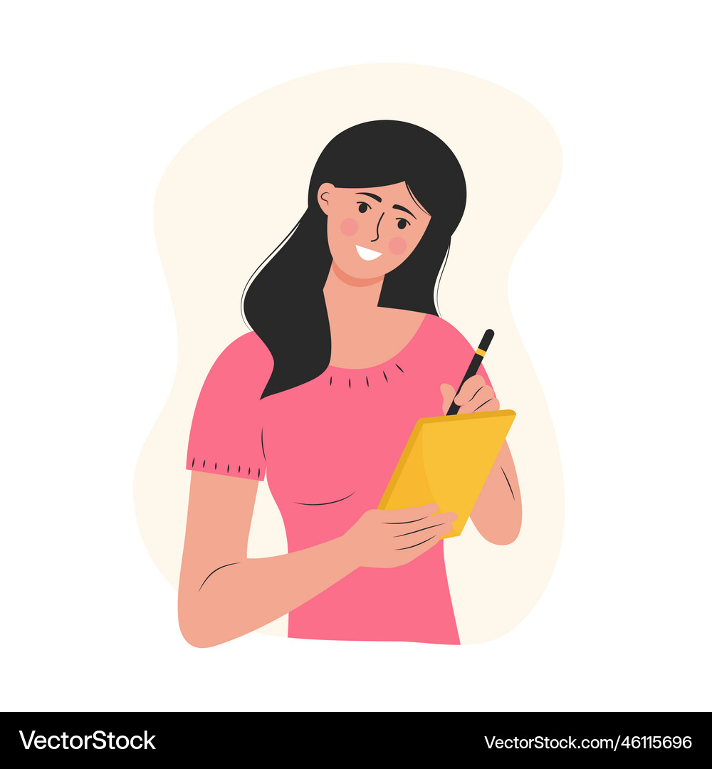 Woman writing in notebook journalist author Vector Image