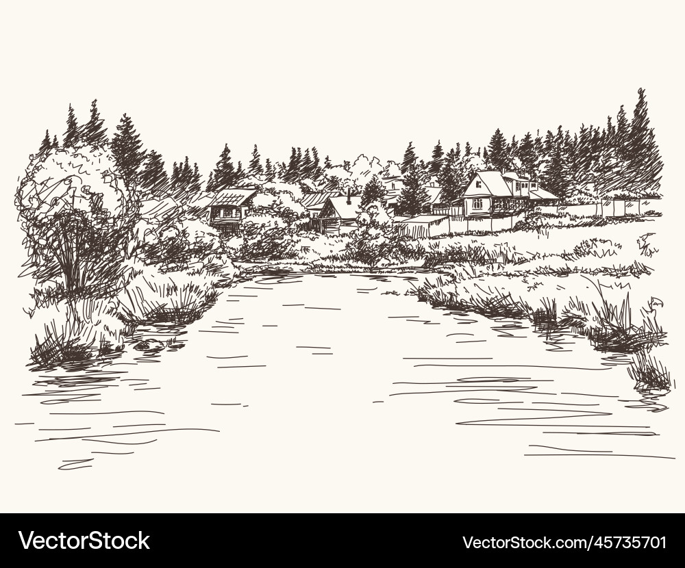 Countryside landscape hand drawn sketch Royalty Free Vector