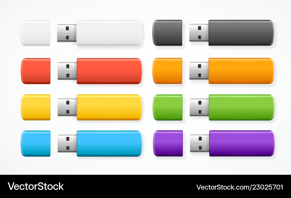 Realistic 3d detailed color usb flash drive set Vector Image