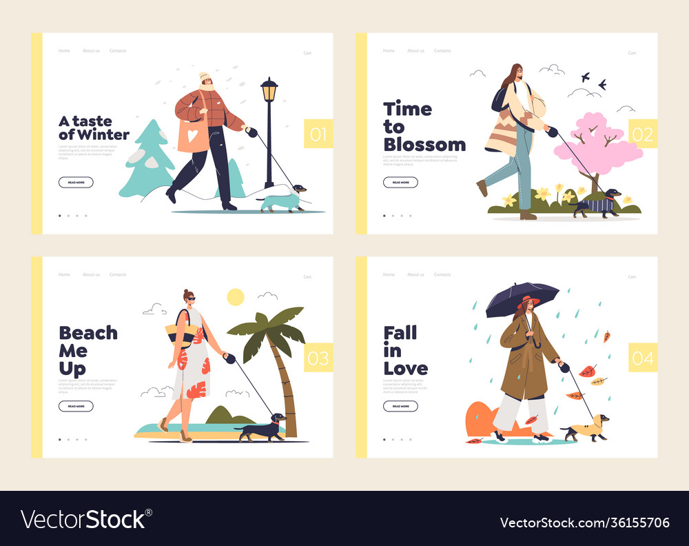 Four seasons activities set with females walking Vector Image