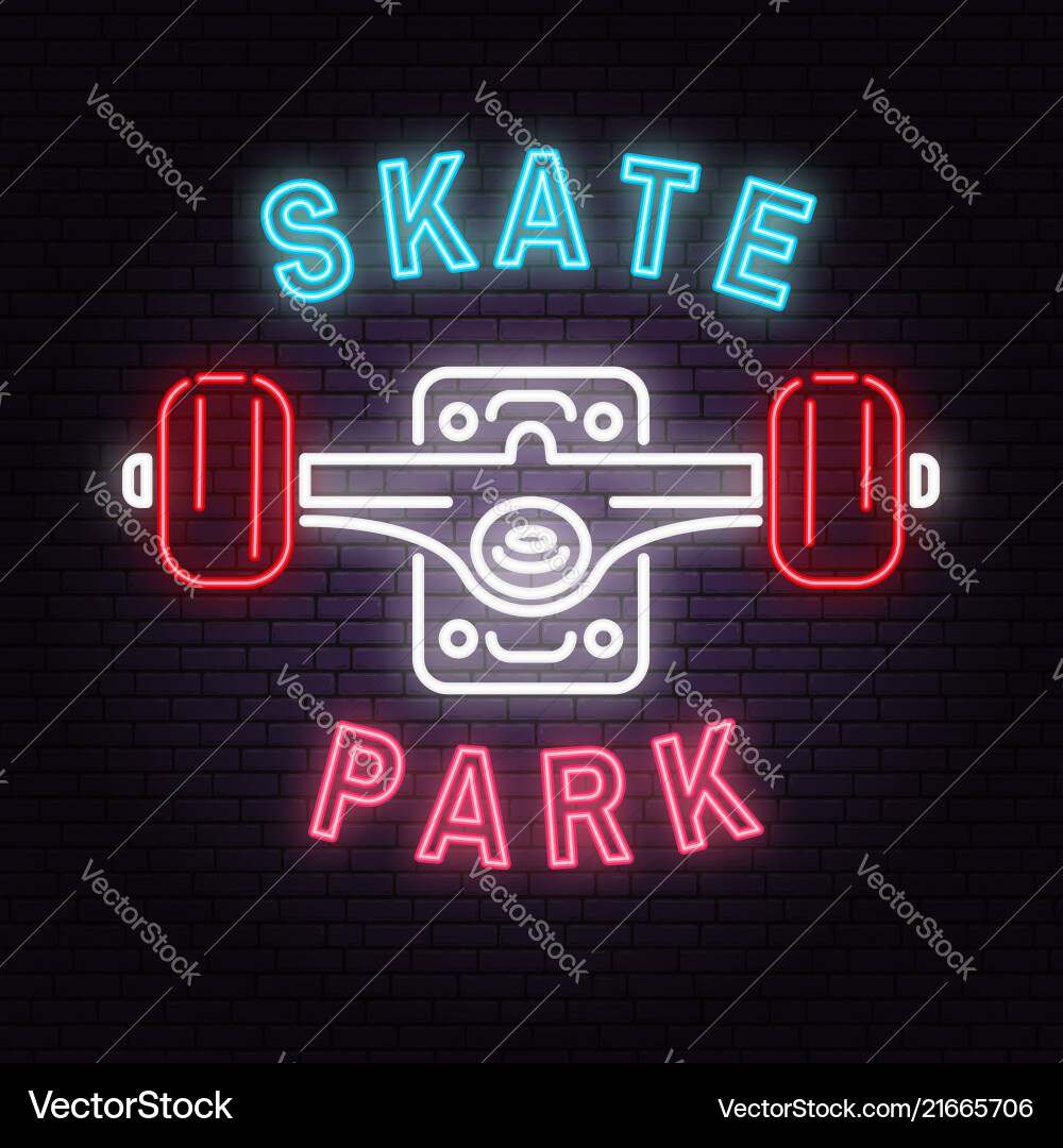 Neon skate park sign on brick wall background Vector Image