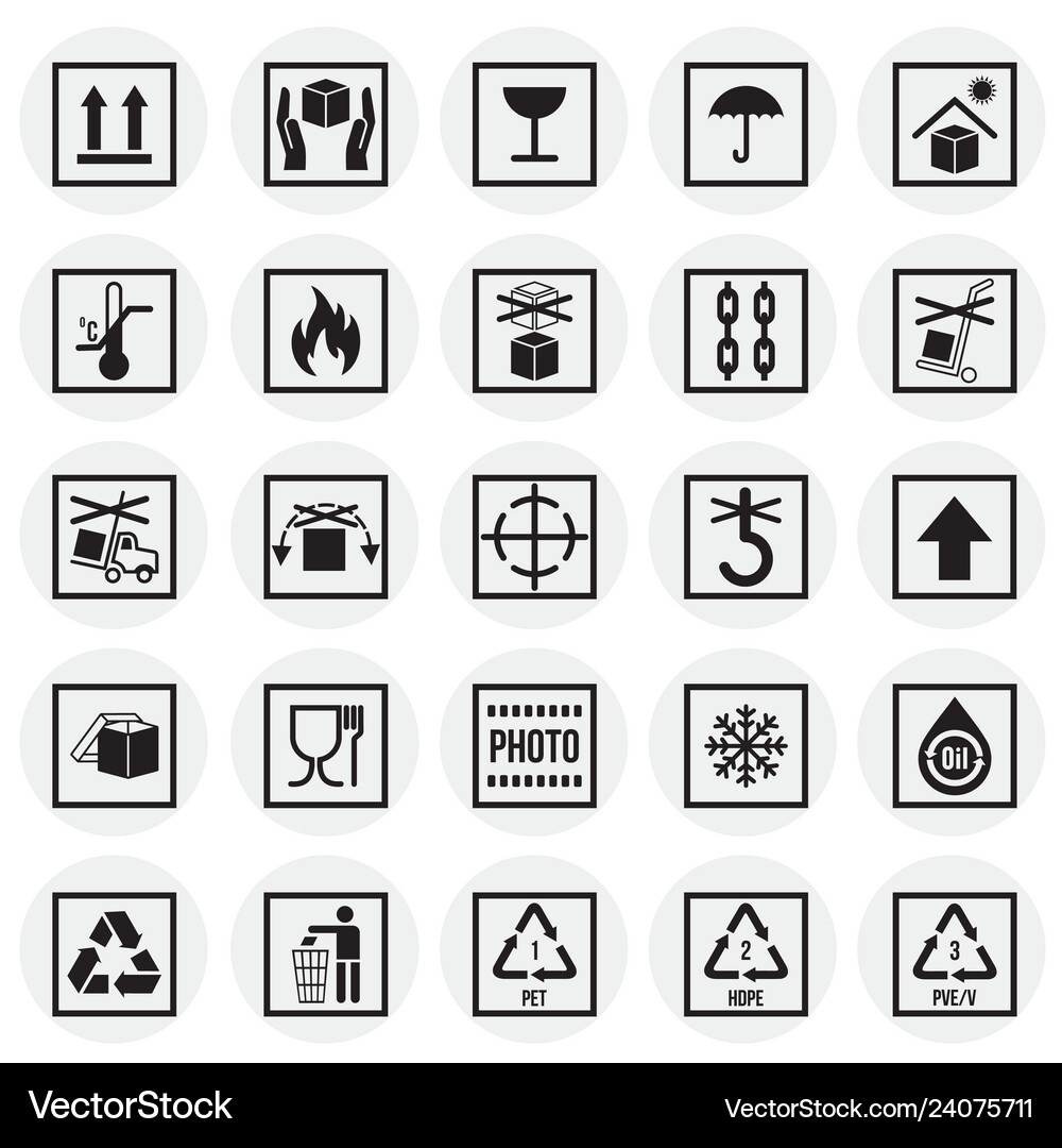 Packaging symbol icons on circles white background