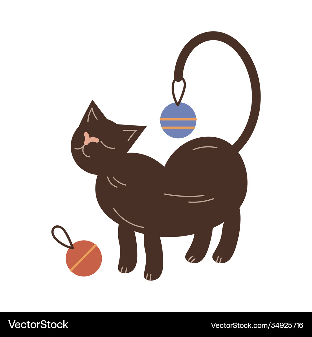 Cat standing and playing decorative colorful balls