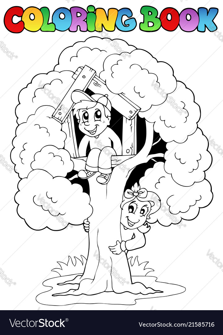 Coloring book with kids and tree Royalty Free Vector Image