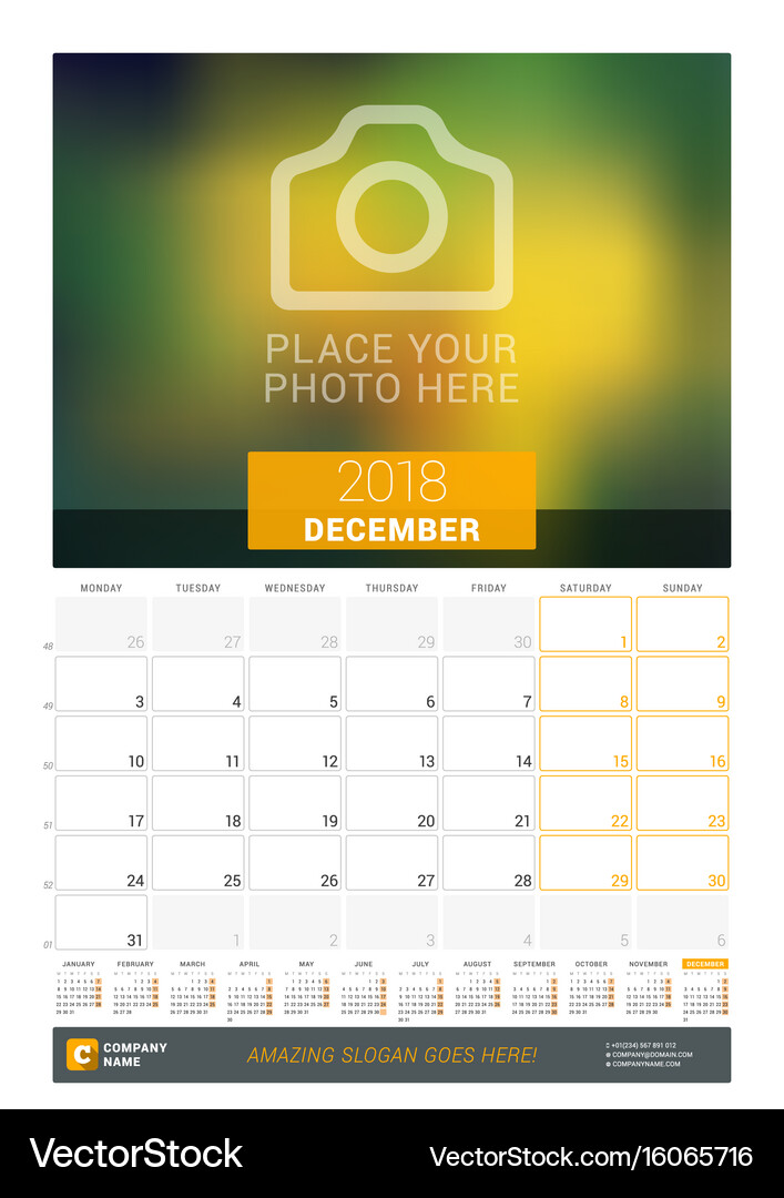 December 2018 wall monthly calendar for year Vector Image