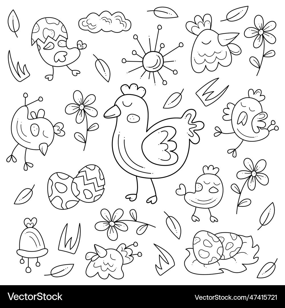 Big set with chickens doodle white and black Vector Image