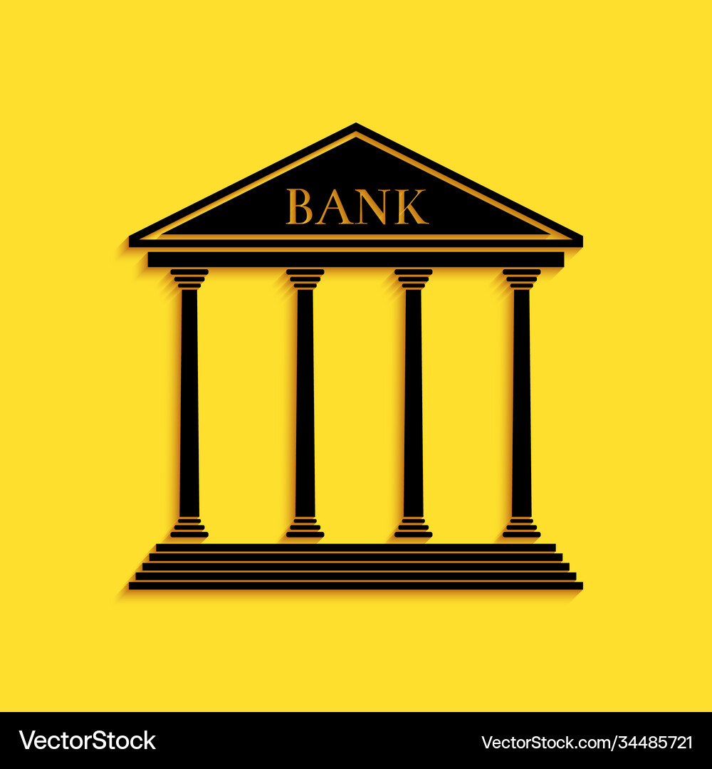 Black bank building icon isolated on yellow Vector Image
