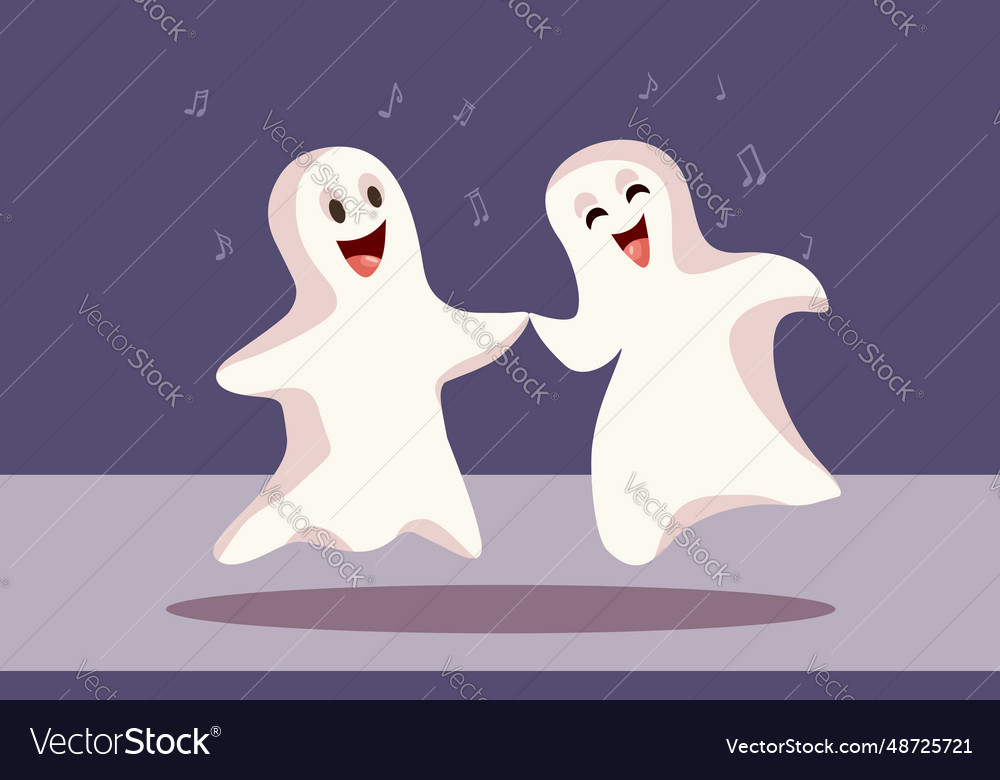 Funny ghosts dancing together on halloween party Vector Image