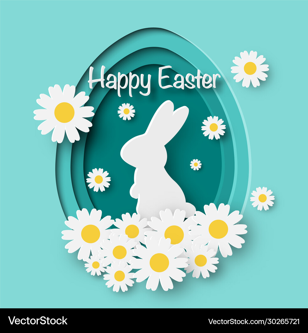 Happy easter paper cut style with bunny and flower