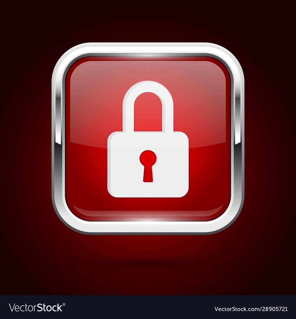 Red lock button with chrome frame push 3d button Vector Image