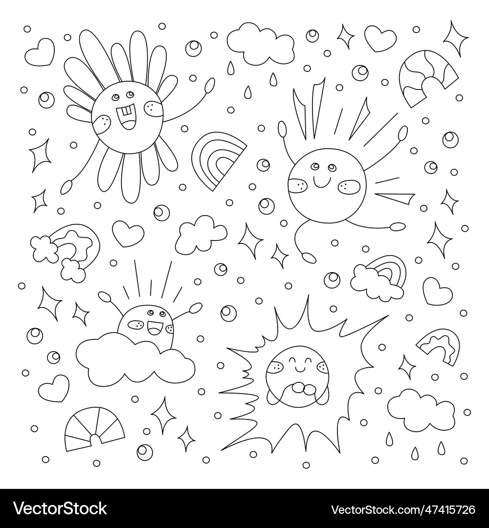 A set with cute sun characters as well as clouds Vector Image