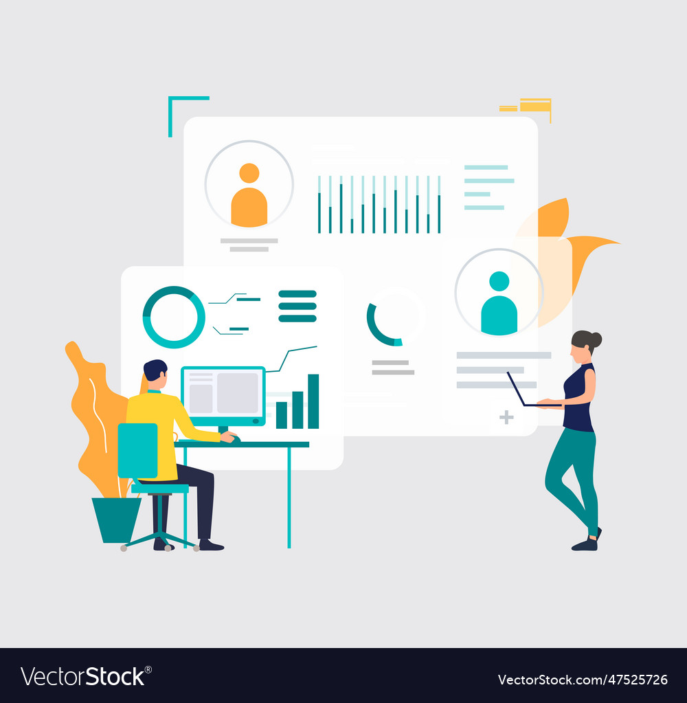 Business people working on computers analyzing Vector Image