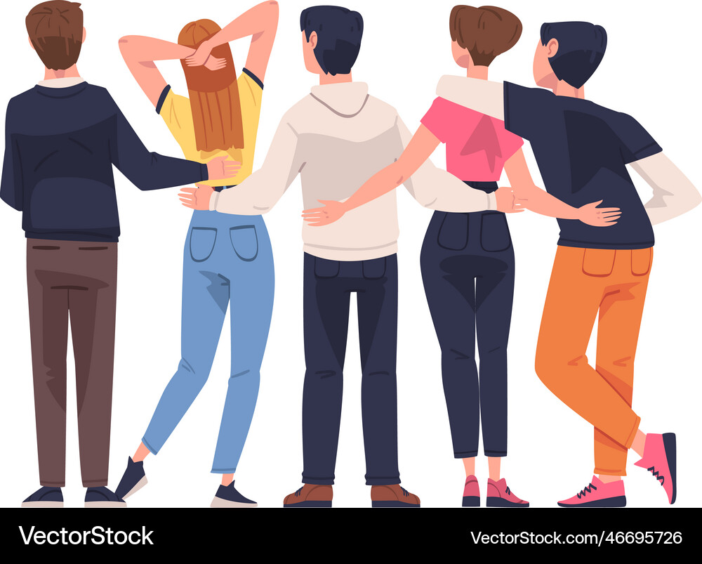Friends from behind hugging and standing together Vector Image
