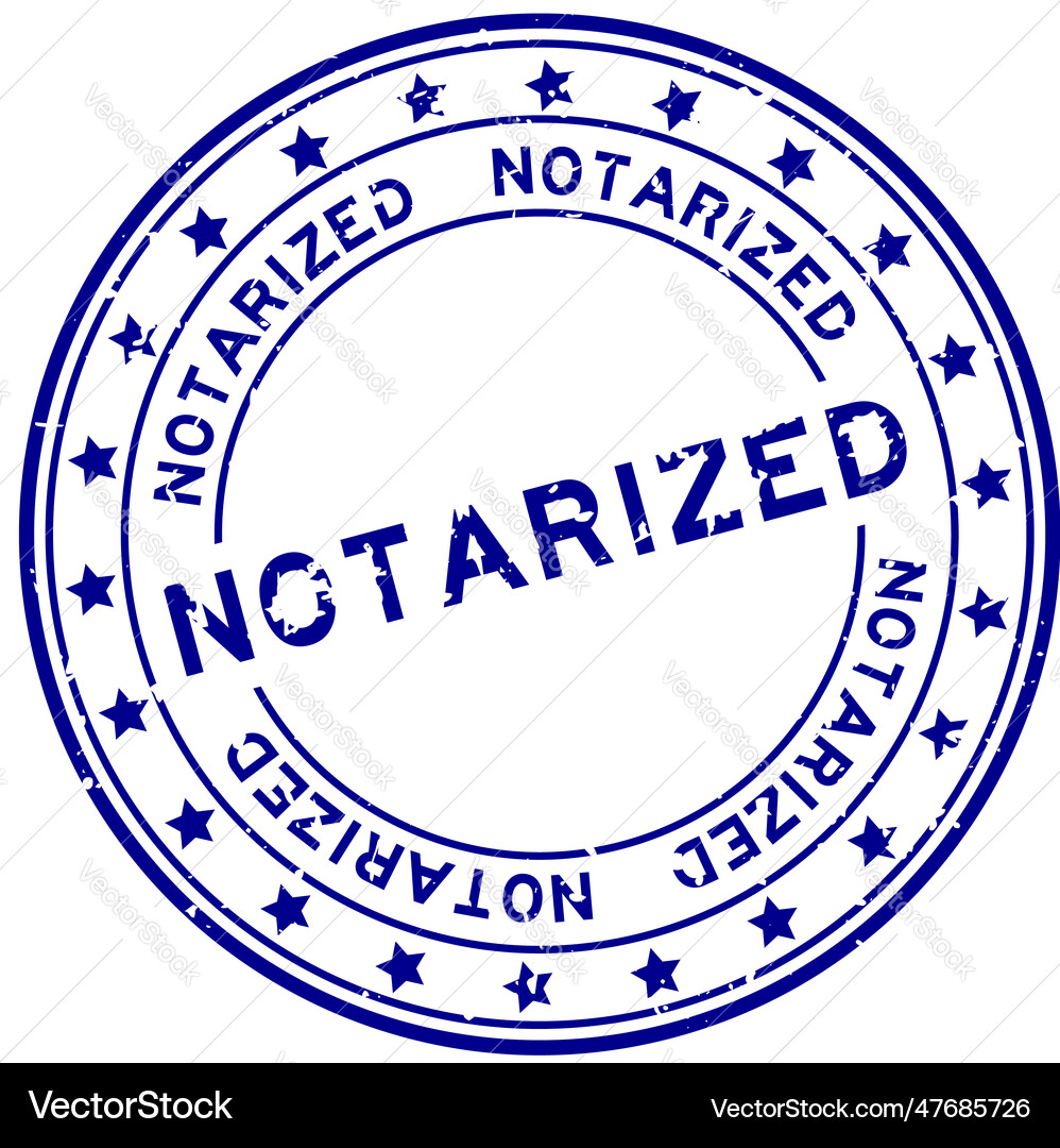 Grunge blue notarized word with star icon round Vector Image