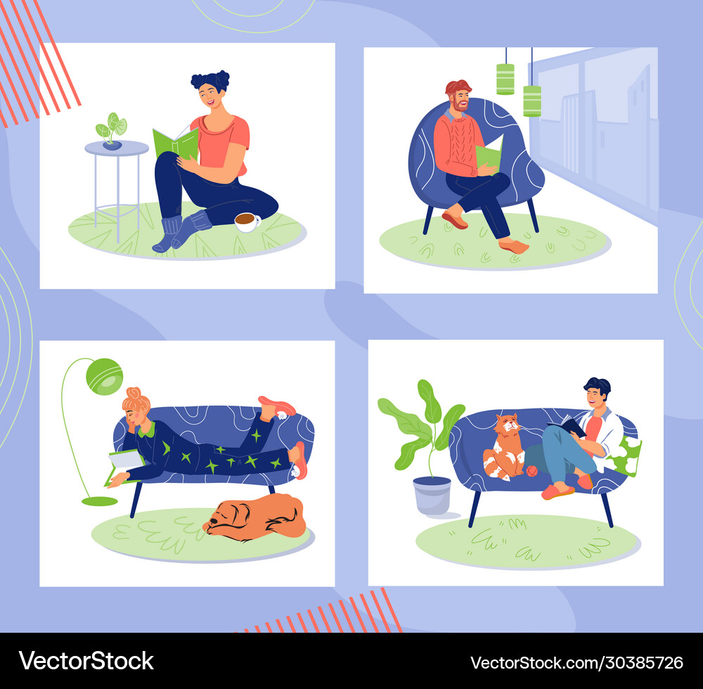Set people reading books library and education Vector Image