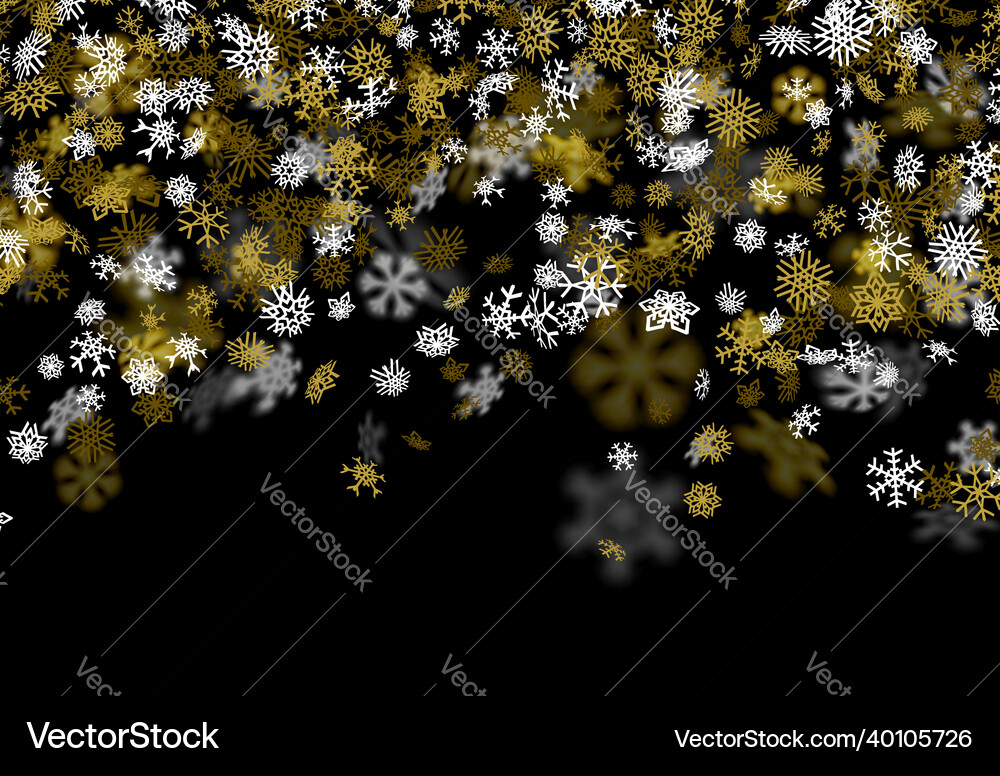 Snowfall background with golden snowflakes blurred