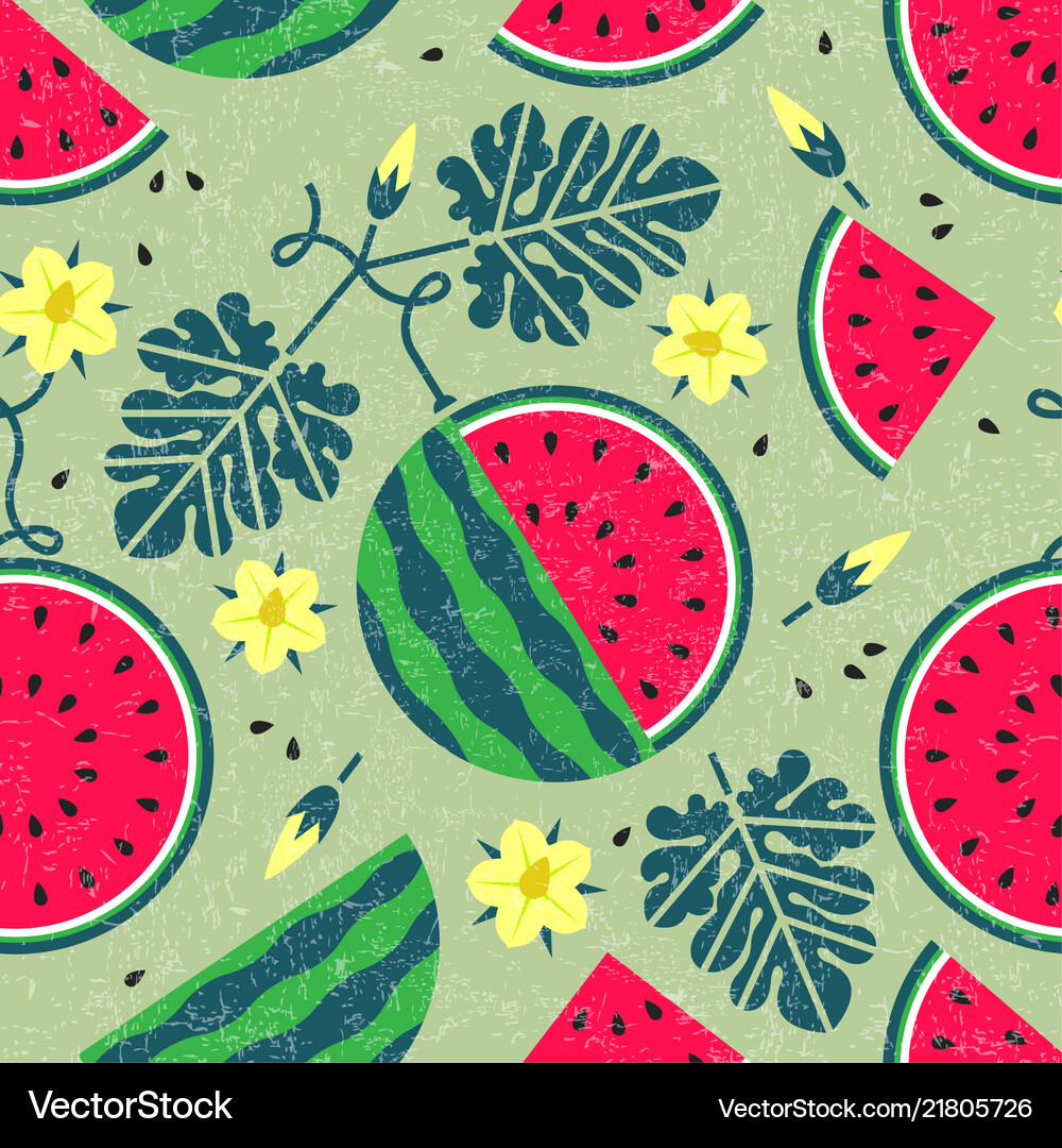 Watermelon seamless pattern leaves flowers shabby Vector Image