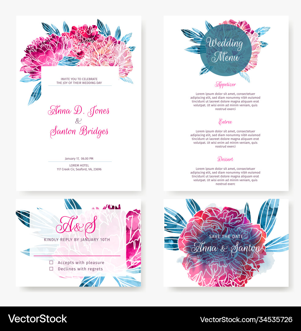 Wedding invitation kit with hand painted peonies Vector Image