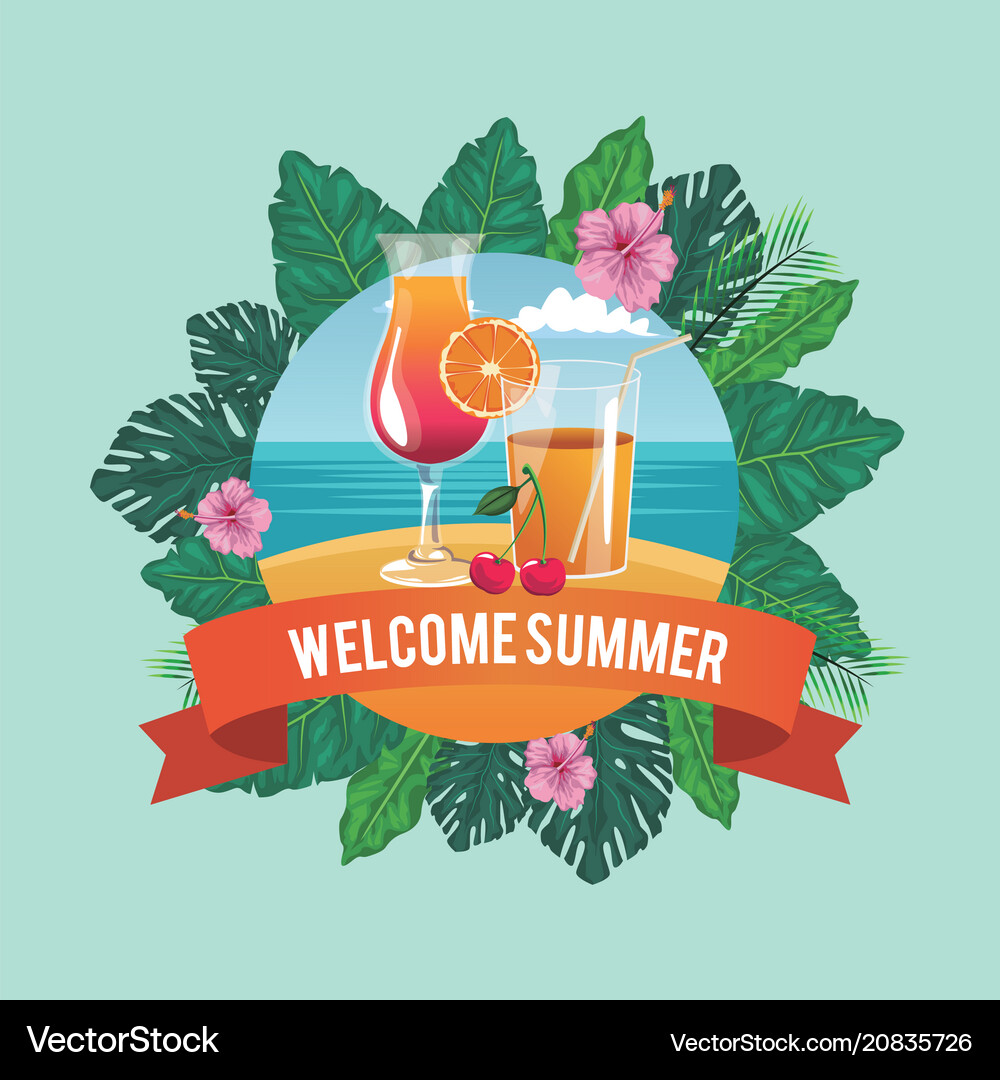 Welcome summer in flowers frame with beach Vector Image