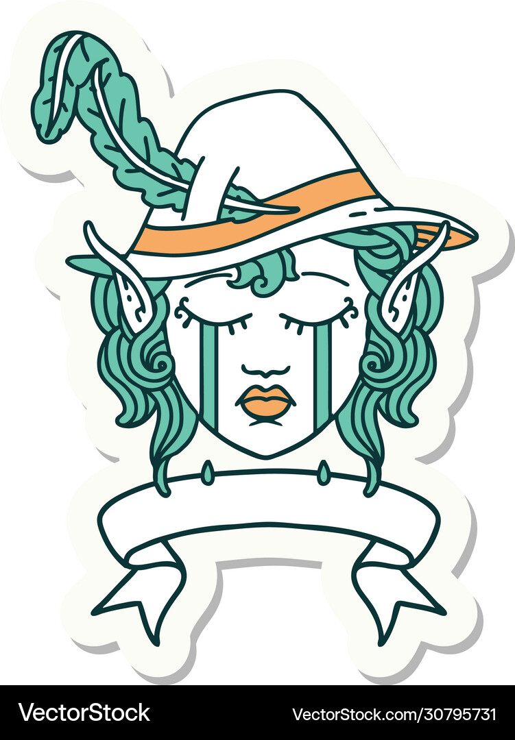 Crying elf bard character face with banner sticker