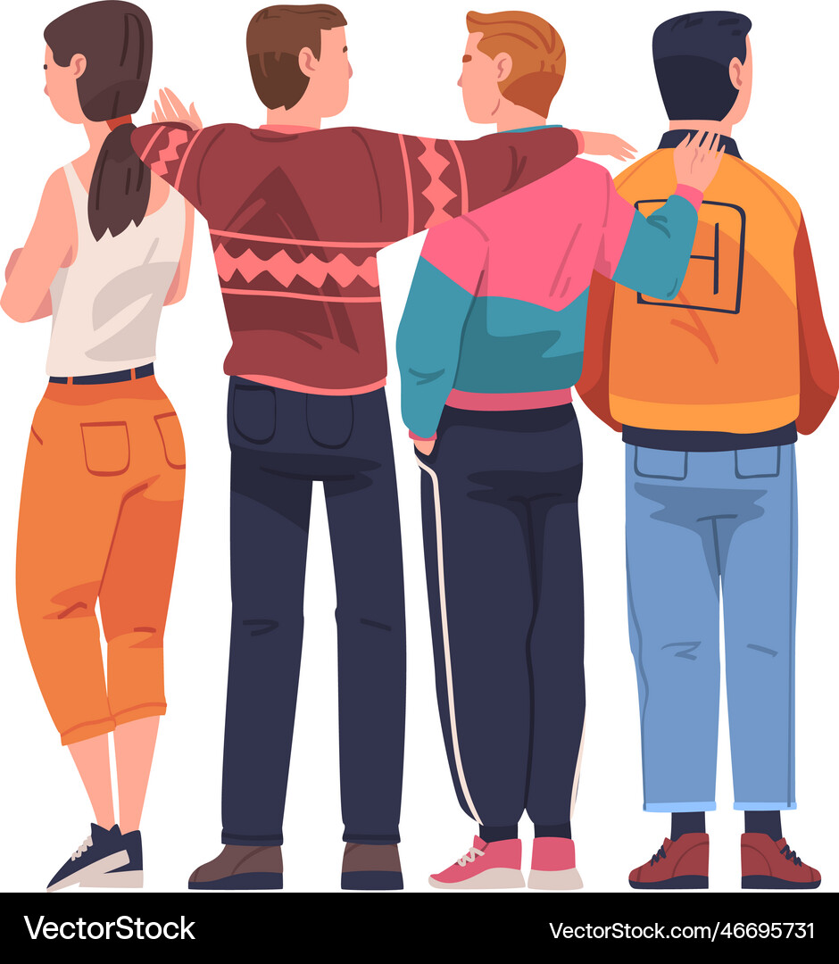 Friends from behind hugging and standing together Vector Image