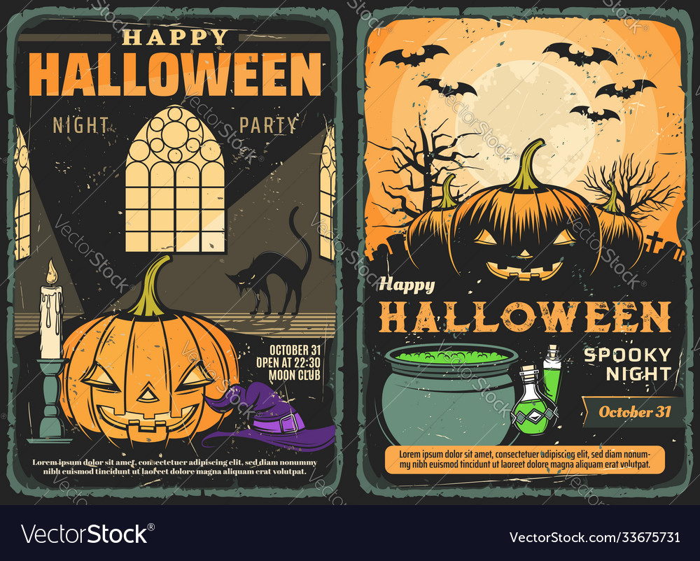 Halloween witch hat black cat pumpkins and bats Vector Image