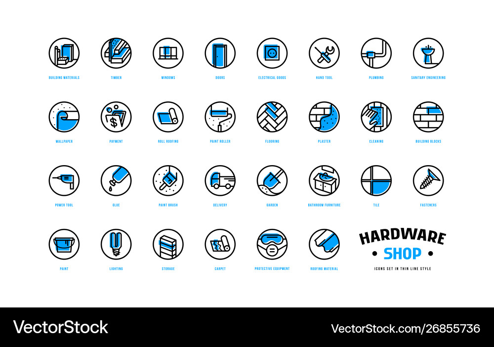 Hardware shop and building icons set Royalty Free Vector