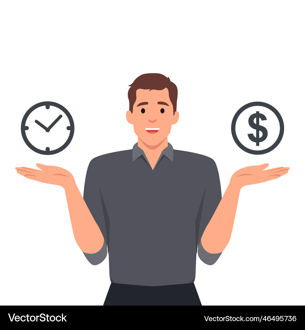Young man finding balance on metaphoric scales Vector Image