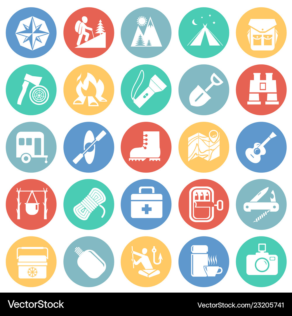 Camping icons set on color circles background Vector Image