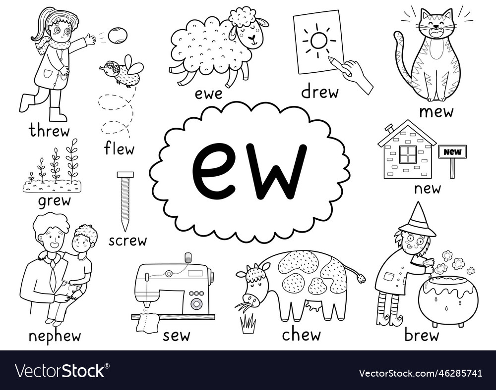 Ew- digraph spelling rule black and white Vector Image