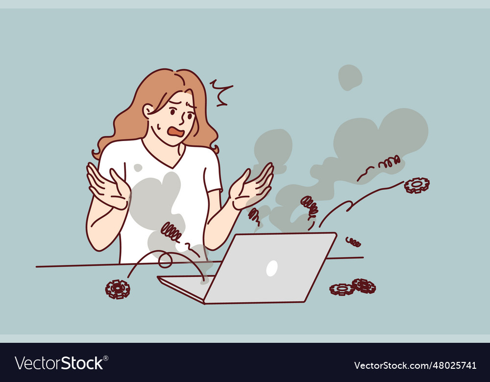 Stressed woman stands near exploding laptop Vector Image