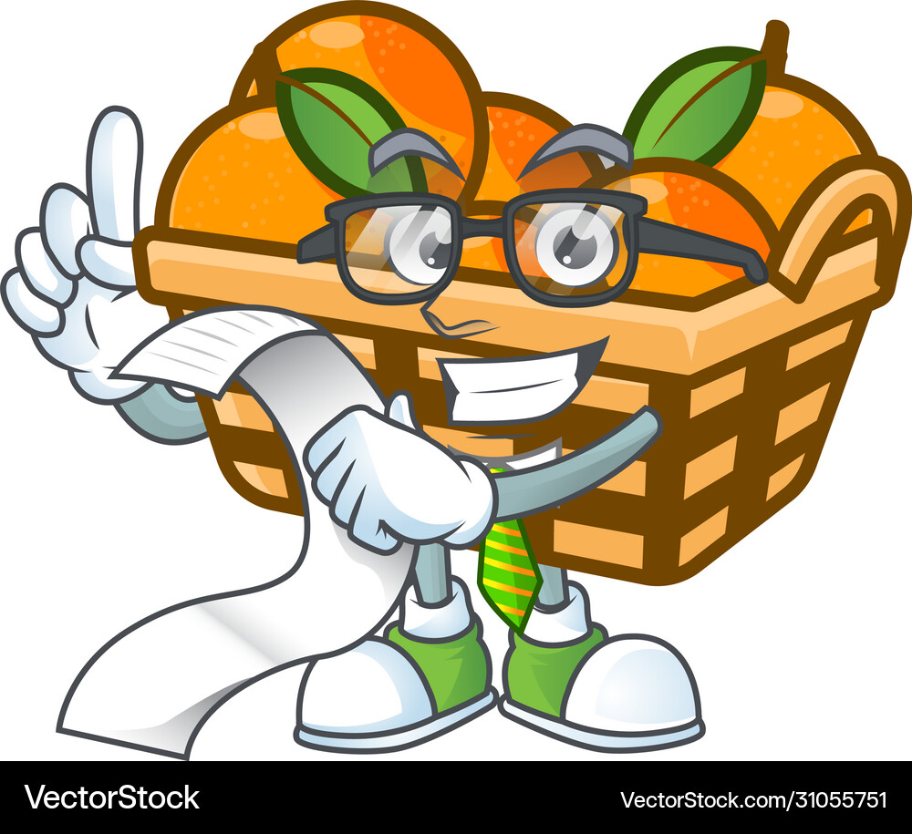 A funny cartoon character basket oranges with menu