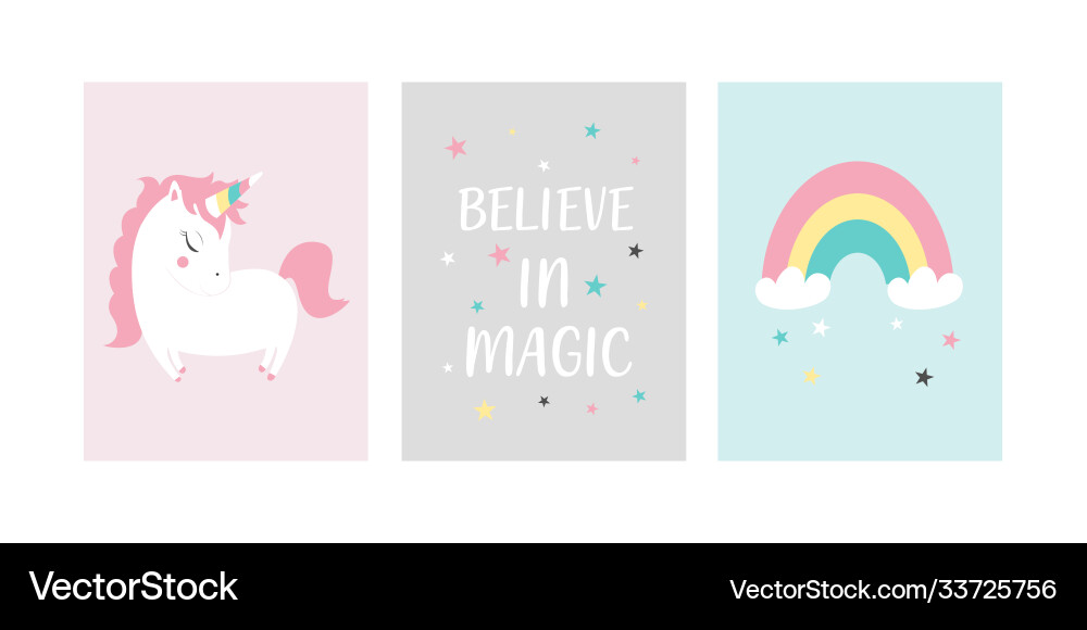 Cute posters with a little unicorn rainbow Vector Image