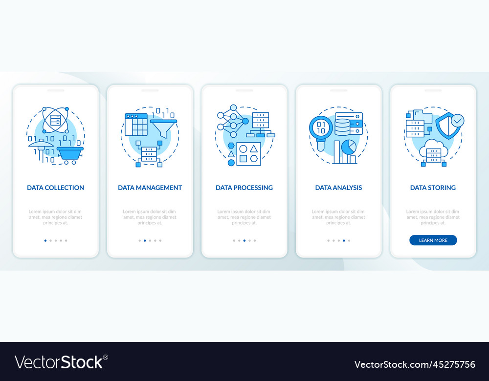 Data processing stages blue onboarding mobile app Vector Image