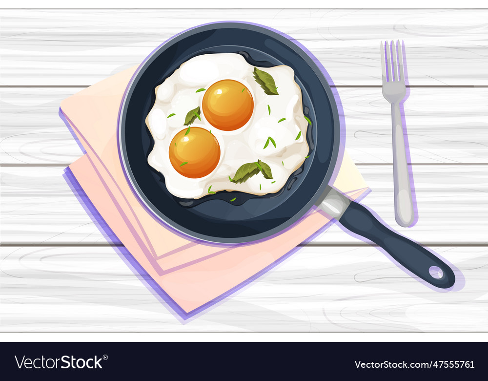 Fried egg on frying pan top view in cartoon style Vector Image