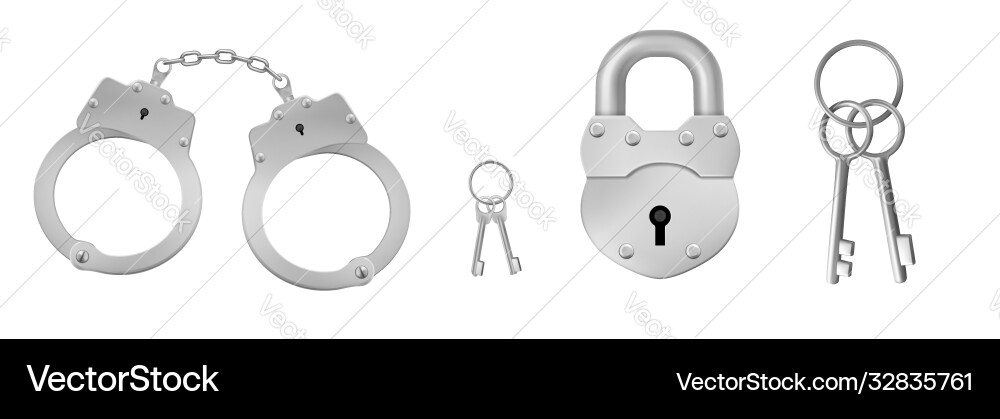 Metal handcuffs and padlock with keys Royalty Free Vector
