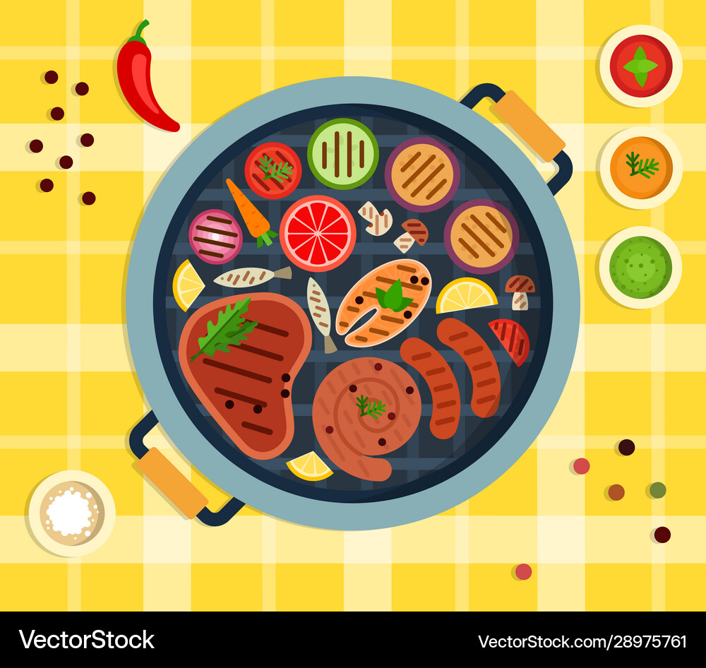 Pieces vegetables fish and meat on a round Vector Image