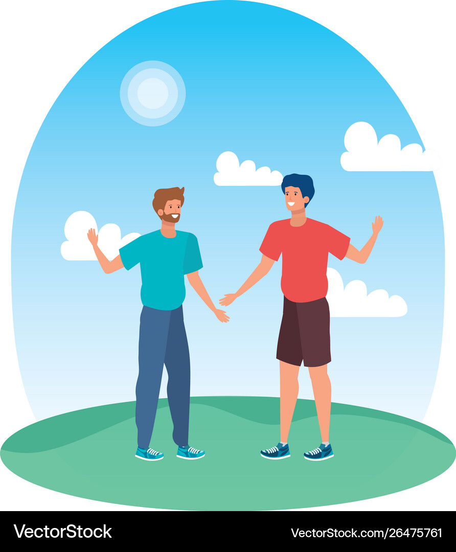 Young men friends in landscape Royalty Free Vector Image