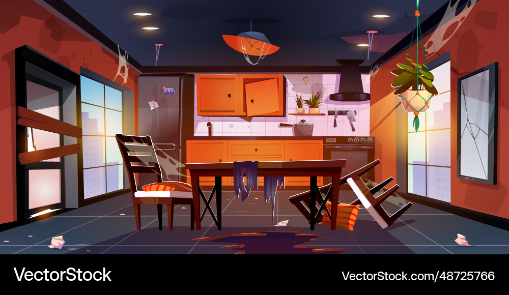 Destroyed kitchen interior in urban apartment Vector Image