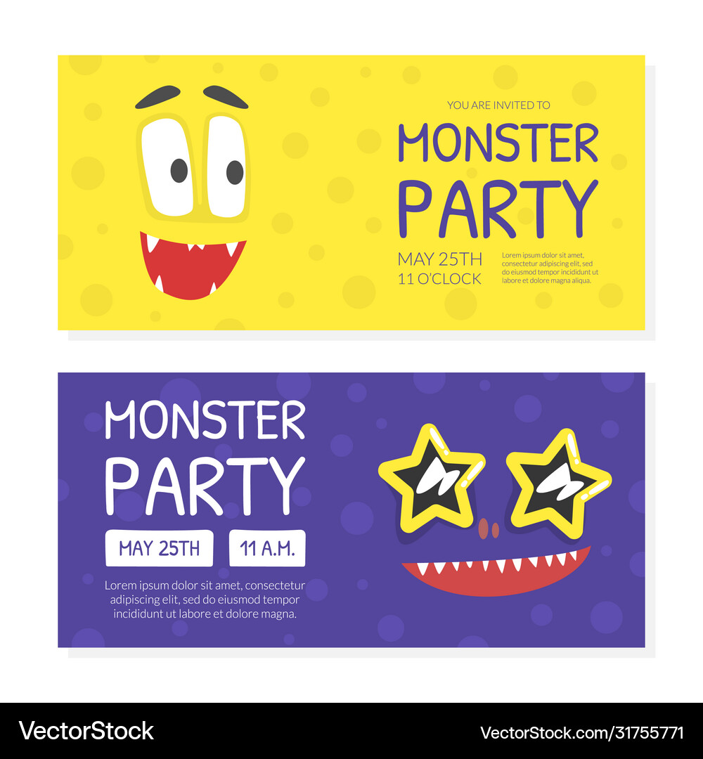Monster party invitation card templates set Vector Image