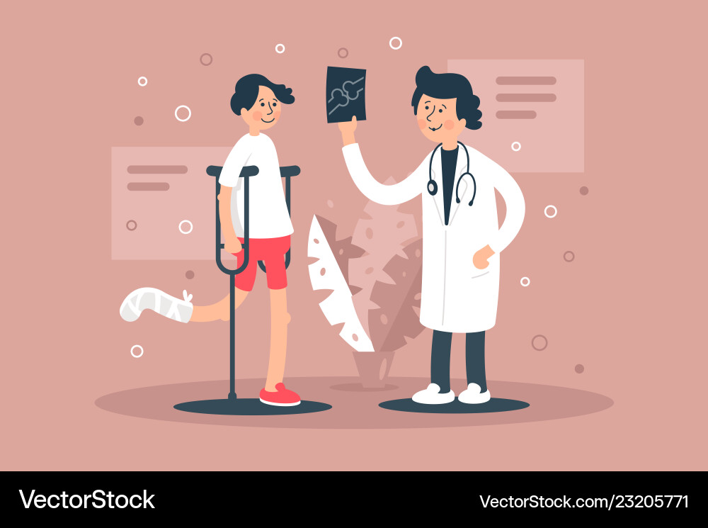 Young man with broken leg bone in doctor s office Vector Image