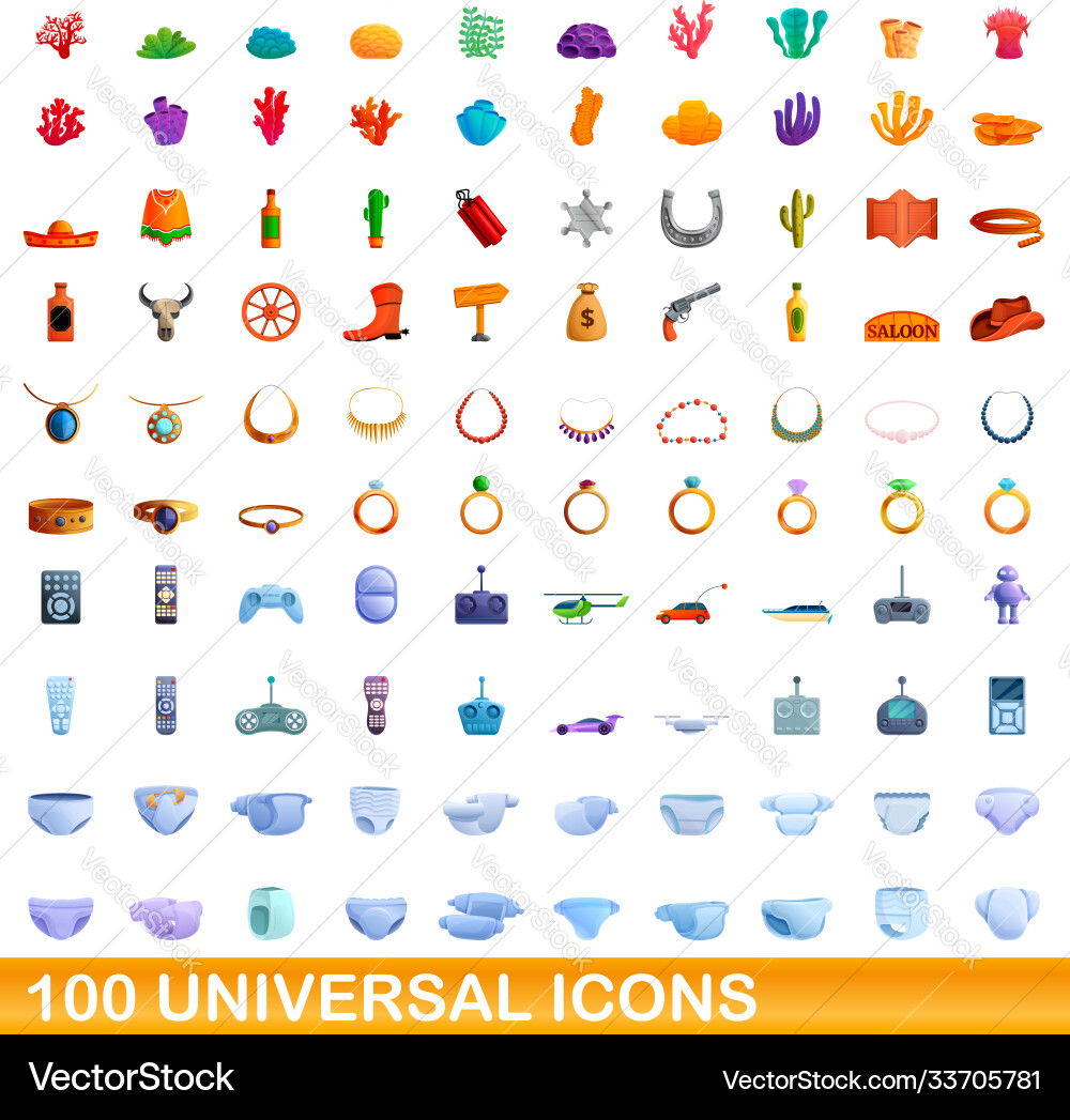 100 universal icons set cartoon style Royalty Free Vector