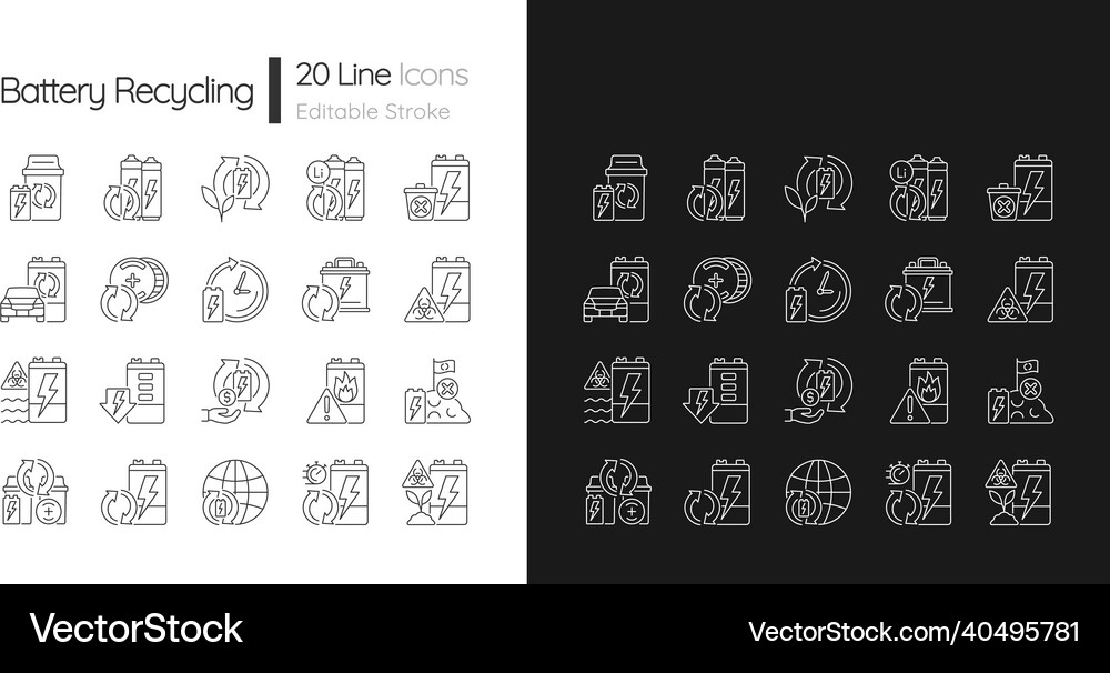 Battery recycling linear icons set for dark Vector Image