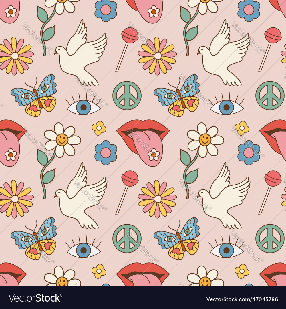 Groovy seamless pattern flowers butterfly retro Vector Image