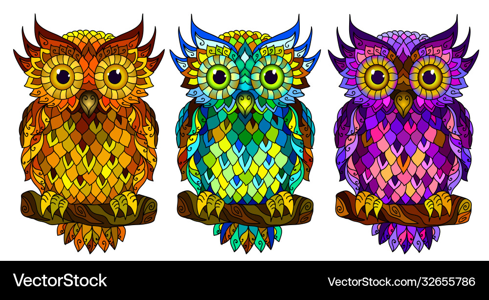 Owl wall sticker set 3 artistic owls Royalty Free Vector