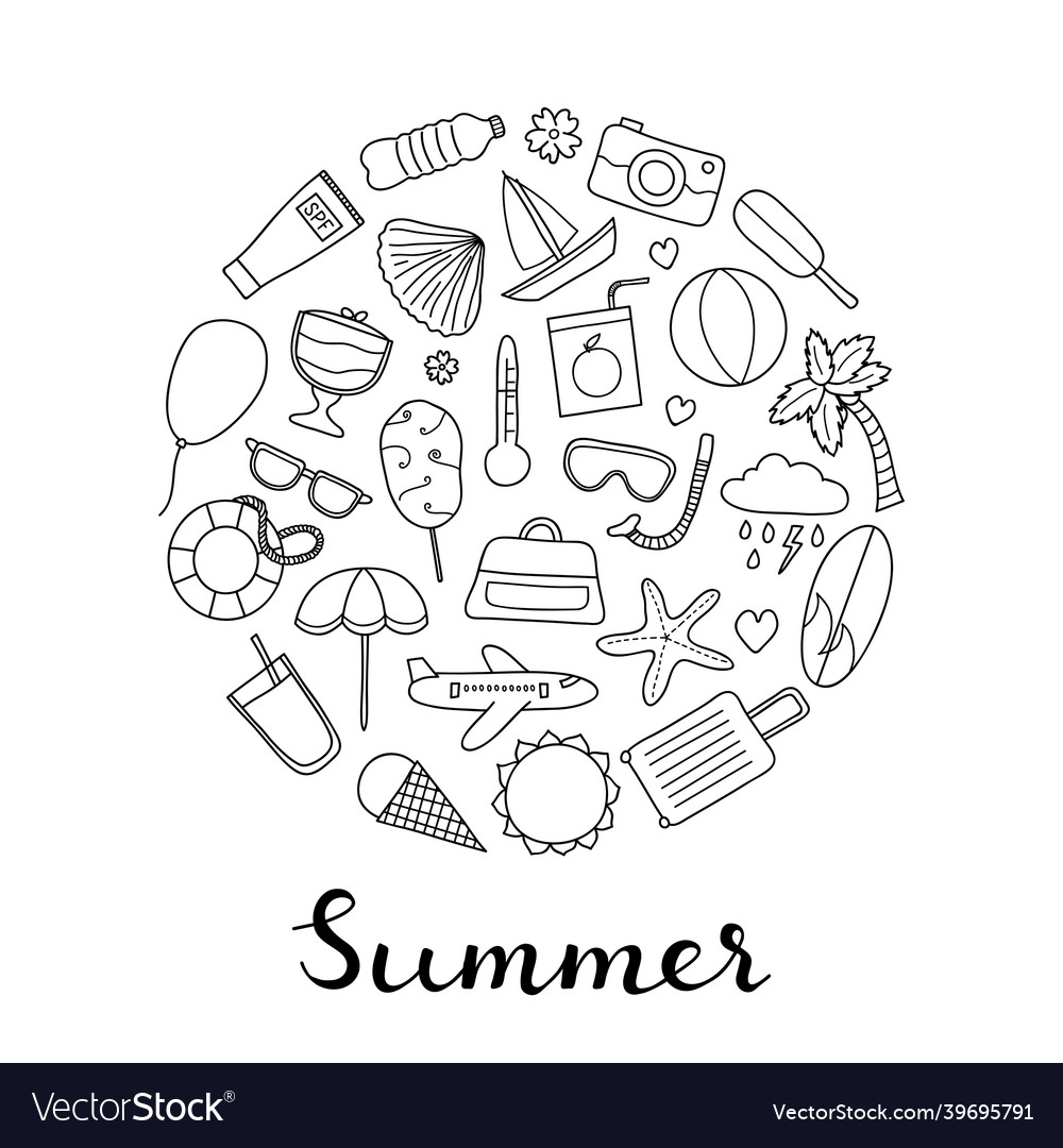 Doodle summer items in circle Royalty Free Vector Image