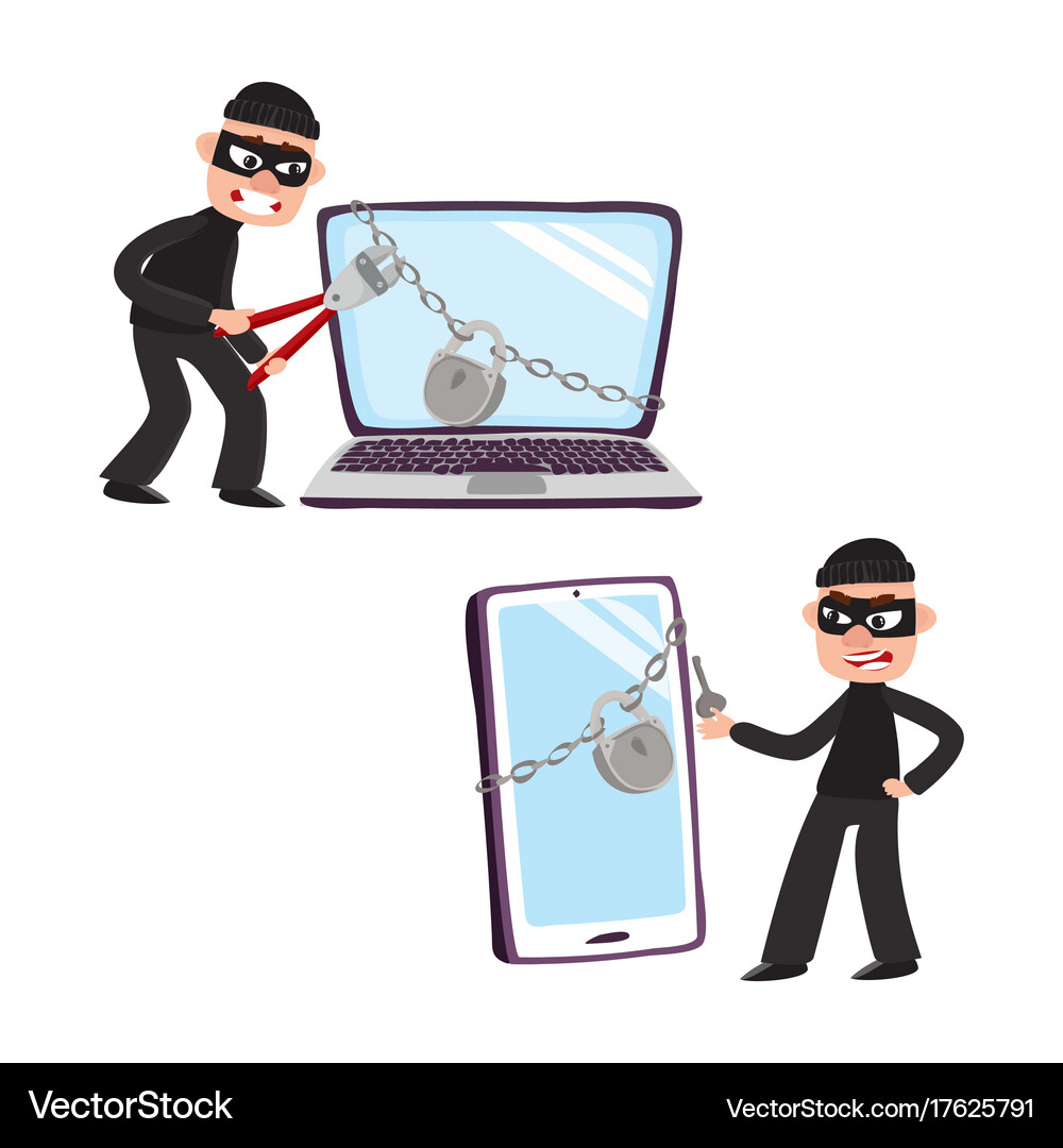Hacker and giant laptop phone with padlock Vector Image